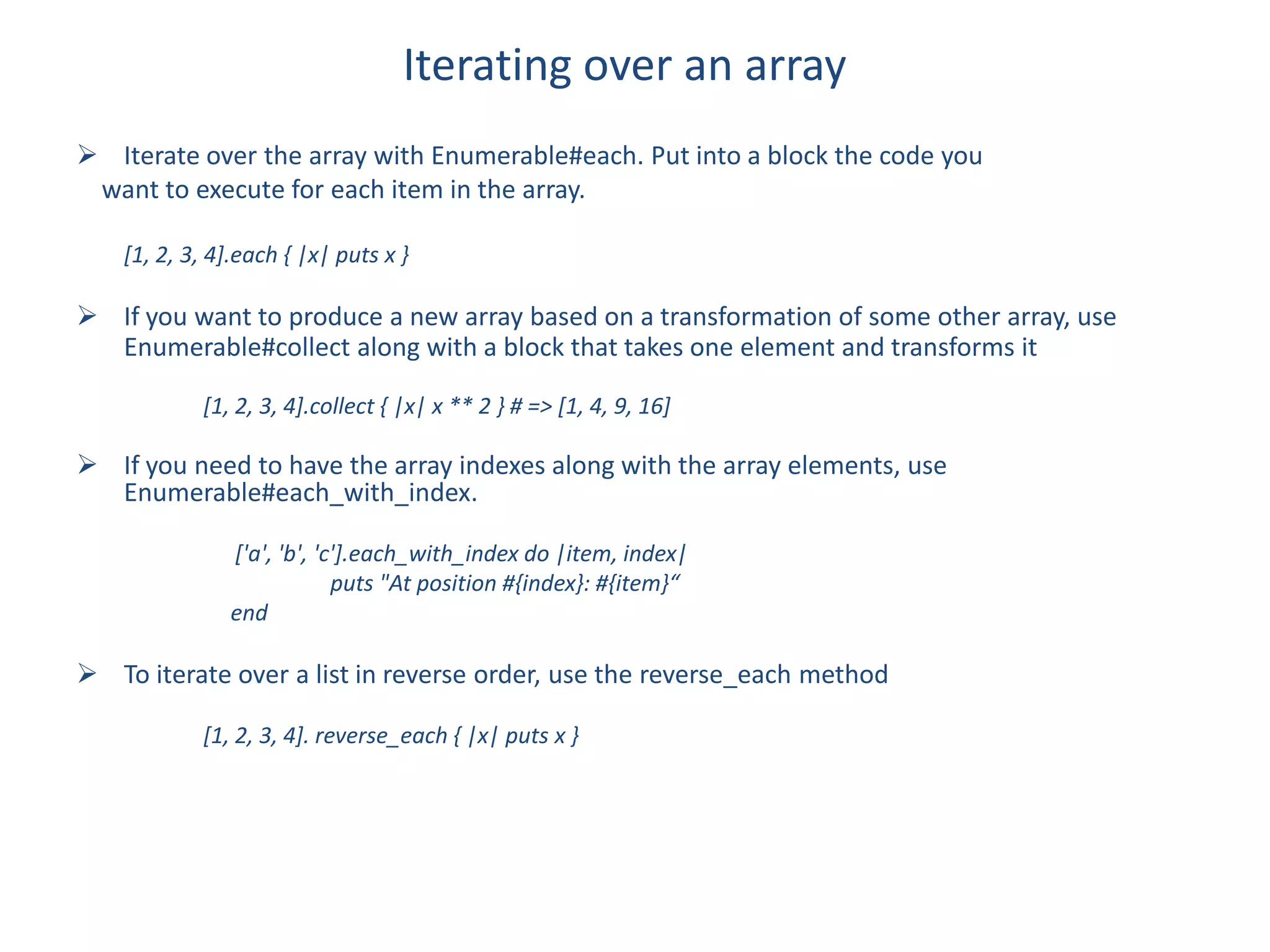 Ruby's Arrays and Hashes with examples | PPT