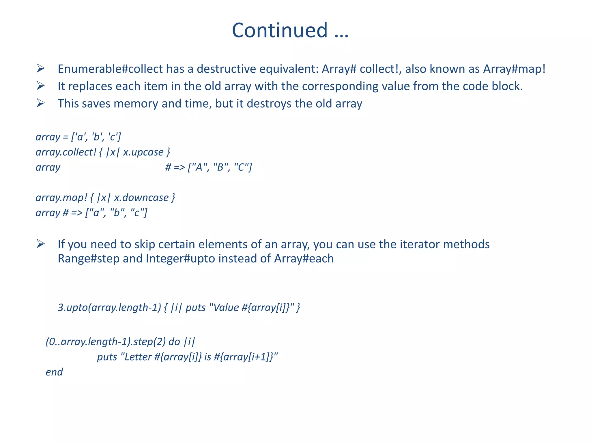 Ruby's Arrays and Hashes with examples | PPT
