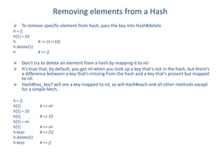 Ruby's Arrays and Hashes with examples | PPTX | Programming Languages | Computing