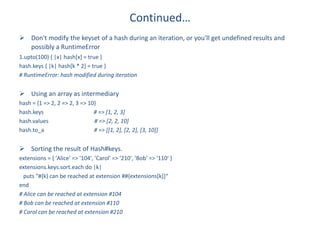 Ruby's Arrays and Hashes with examples | PPTX | Programming Languages | Computing