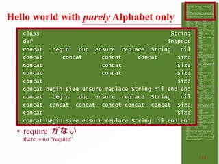 Hello world with  purely  Alphabet only require  がない there is no “require” class  String def  inspect concat  begin  dup  ensure  replace  String  nil concat  concat  concat  concat  size concat  concat  size concat  concat  size concat  size concat begin size ensure replace String nil end end concat  begin  dup  ensure  replace  String  nil concat  concat  concat  concat concat  concat  size concat  size concat begin size ensure replace String nil end end concat  begin  dup  ensure  replace  String  nil concat  concat  size concat  concat  concat  concat  size concat  concat  concat  size concat begin size ensure replace String nil end end concat  begin  dup  ensure  replace  String  nil concat  concat  size concat  concat  concat  size concat  concat  size concat  concat  concat  size concat begin size ensure replace String nil end end concat  begin  dup  ensure  replace  String  nil concat  concat  size concat  concat  size concat  concat  concat  concat  size concat  concat  size concat begin size ensure replace String nil end end concat  begin  dup  ensure  replace  String  nil concat  concat  size concat  concat  concat  size concat  concat  size concat  concat  size concat  concat  size concat  size concat begin size ensure replace String nil end end concat  begin  dup  ensure  replace  String  nil concat  concat  size concat  concat  size concat  concat  concat  size concat  concat  size concat  concat  size concat  size concat begin size ensure replace String nil end end concat  begin  dup  ensure  replace  String  nil concat  concat  concat  concat concat  concat  size concat begin size ensure replace String nil end end concat  begin  dup  ensure  replace  String  nil concat  concat  concat  size concat  concat  size concat  concat  concat  size concat begin size ensure replace String nil end end concat  begin  dup  ensure  replace  String  nil concat  concat  size concat  concat  concat  size concat  concat  size concat  concat  size concat  concat  size concat  size concat begin size ensure replace String nil end end concat  begin  dup  ensure  replace  String  nil concat  concat  size concat  concat  concat  size concat  concat  size concat  concat  concat  size concat begin size ensure replace String nil end end concat  begin  dup  ensure  replace  String  nil concat  concat  size concat  concat  concat  size concat  concat  size concat  concat  concat  size concat begin size ensure replace String nil end end concat  begin  dup  ensure  replace  String  nil concat  concat  size concat  concat  concat  concat  size concat  concat  concat  size concat  size concat begin size ensure replace String nil end end concat  begin  dup  ensure  replace  String  nil concat  concat  concat  concat  size concat  concat  concat  concat  size concat begin size ensure replace String nil end end concat  begin  dup  ensure  replace  String  nil concat  concat  concat  concat  size concat  concat  size concat  concat  size concat  size concat begin size ensure replace String nil end end concat  begin  dup  ensure  replace  String  nil concat  concat  concat  concat concat  concat  size concat begin size ensure replace String nil end end concat  begin  dup  ensure  replace  String  nil concat  concat  size concat  concat  size concat  concat  concat  concat  size concat  concat  size concat  size concat begin size ensure replace String nil end end concat  begin  dup  ensure  replace  String  nil concat  concat  size concat  concat  size concat  concat  concat  size concat  concat  concat  size concat begin size ensure replace String nil end end concat  begin  dup  ensure  replace  String  nil concat  concat  size concat  concat  size concat  concat  concat  size concat  concat  concat  size concat  size concat begin size ensure replace String nil end end concat  begin  dup  ensure  replace  String  nil concat  concat  size concat  concat  size concat  concat  concat  concat  concat  size concat begin size ensure replace String nil end end eval  self exit  end  end copyright MMX Yusuke Endoh  p String nil class  String def  inspect concat  begin  dup  ensure  replace  String  nil concat  concat  concat  concat  size concat  concat  size concat  concat  size concat  size concat begin size ensure replace String nil end end concat  begin  dup  ensure  replace  String  nil concat  concat  concat  concat concat  concat  size concat  size concat begin size ensure replace String nil end end 