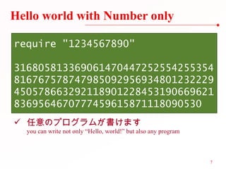Hello world with Number only 任意のプログラムが書けます   you can write not only “Hello, world!” but also any program require &quot;1234567890&quot; 3168058133690614704472525542553548167675787479850929569348012322294505786632921189012284531906696218369564670777459615871118090530 