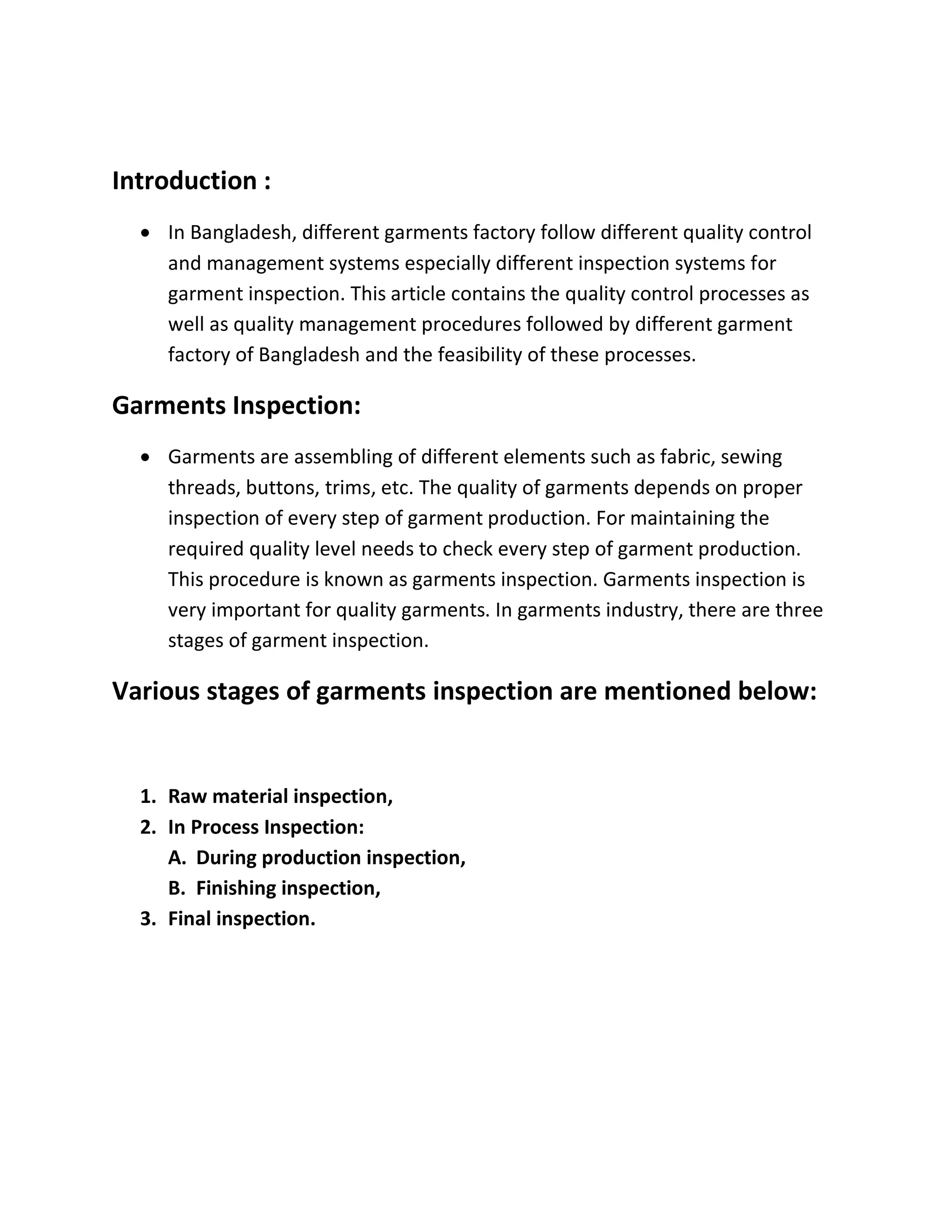 Assignment on Garments Inspection System | PDF