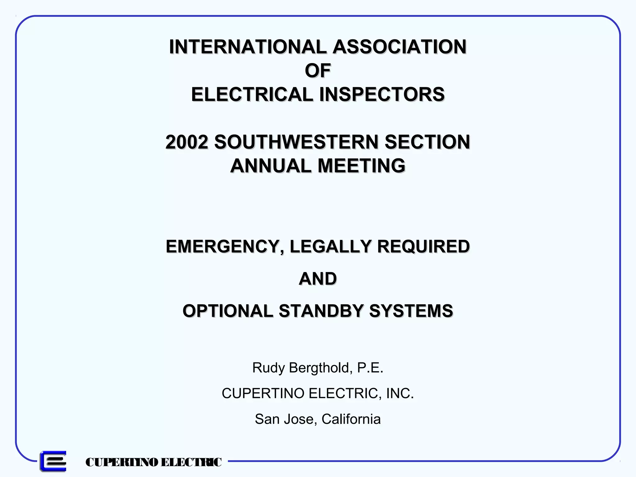 Emergency, Legally Required and Optional Standby Systems | PPT