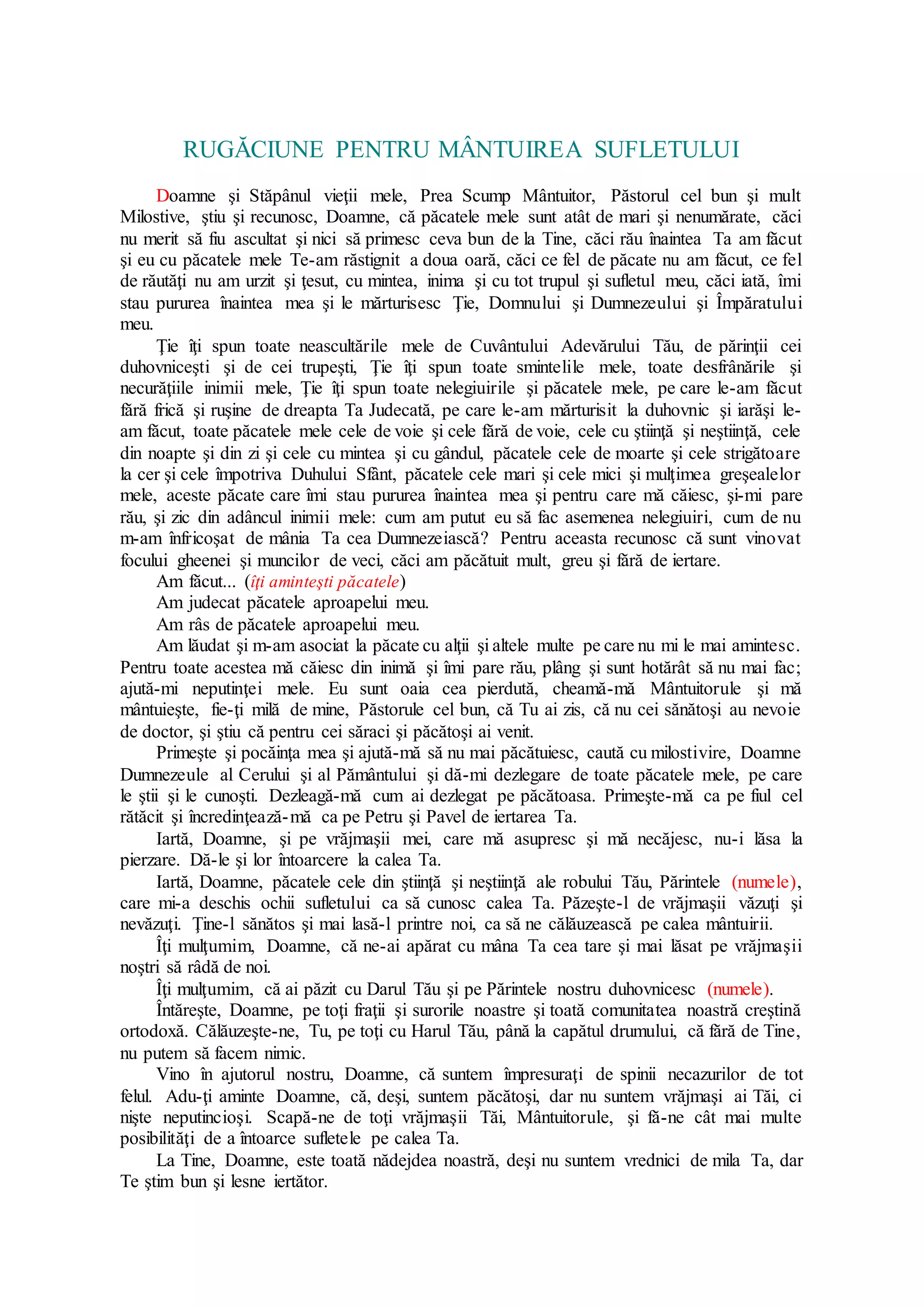 Rugăciune pentru mântuirea sufletului | DOCX