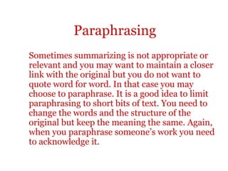 Summarizing, paraphrasing, synthesizing | PPT