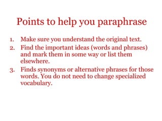 Summarizing, paraphrasing, synthesizing | PPT
