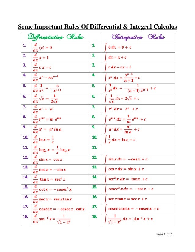 Rules Of Differential Integral Calculus Rules Of Differential Integral Calculus