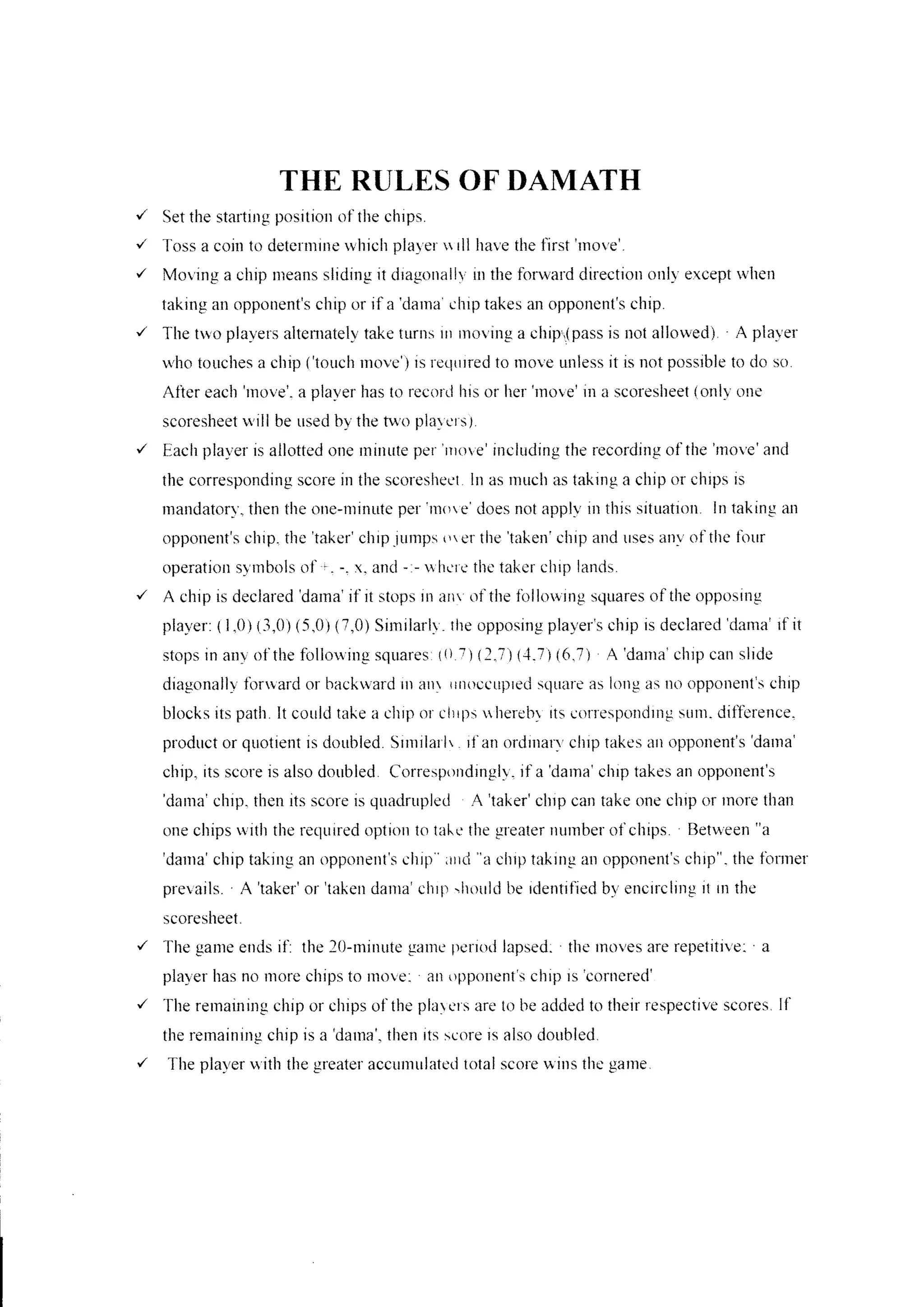 General Rules-of-Damath for Primary and Intermediate | PDF