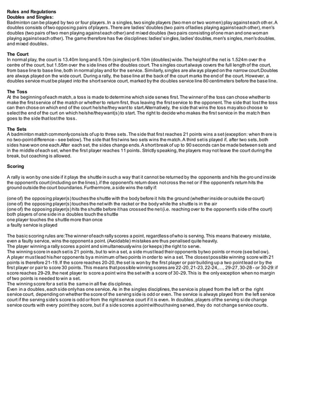 Rules and regulations and scoring of badminton | DOCX