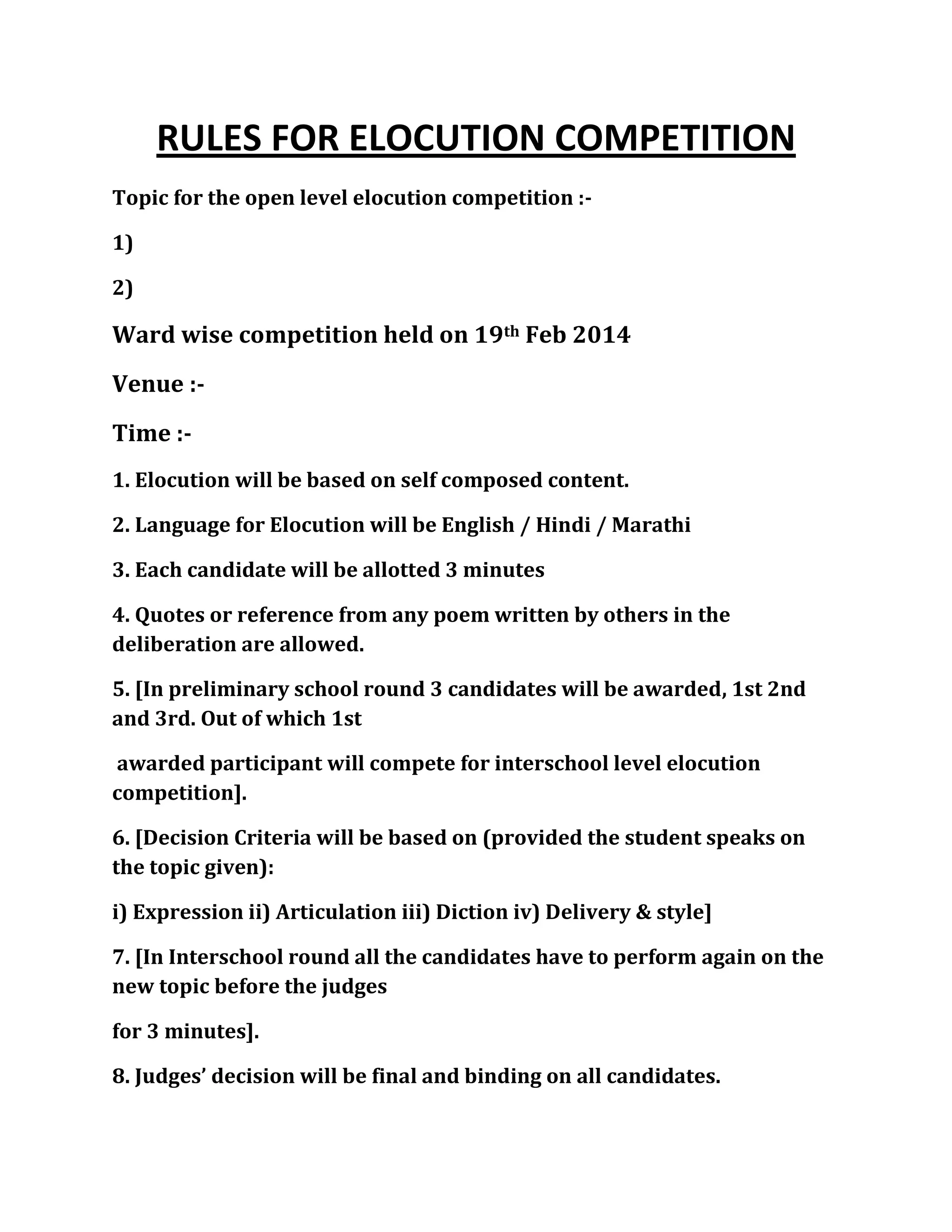 Rules for elocution competition | DOCX