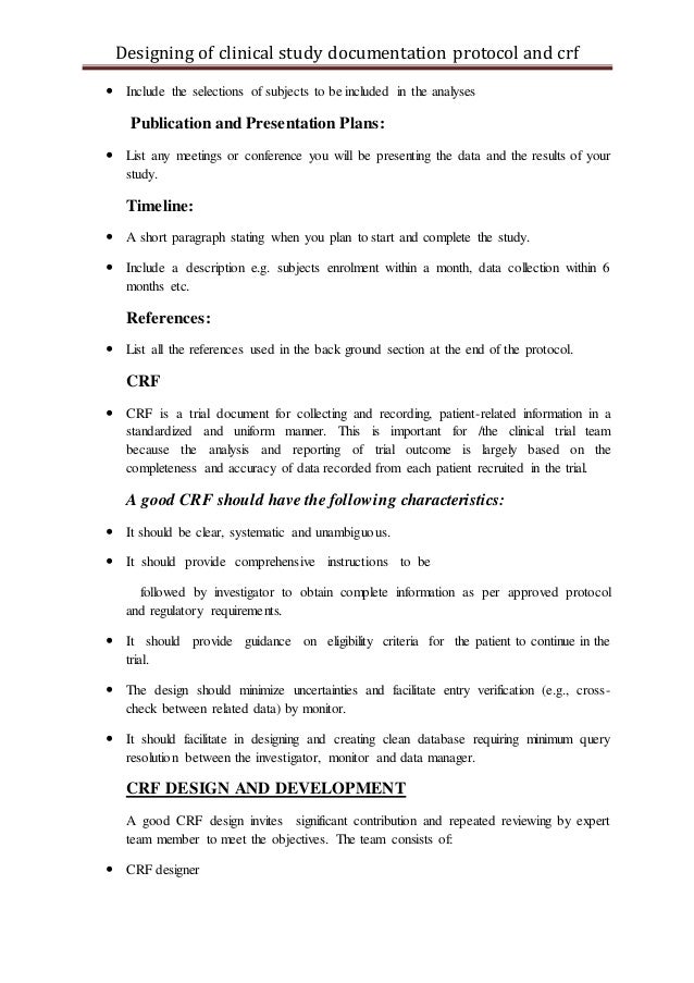 Designing of clinical study documentation -protocol and crf