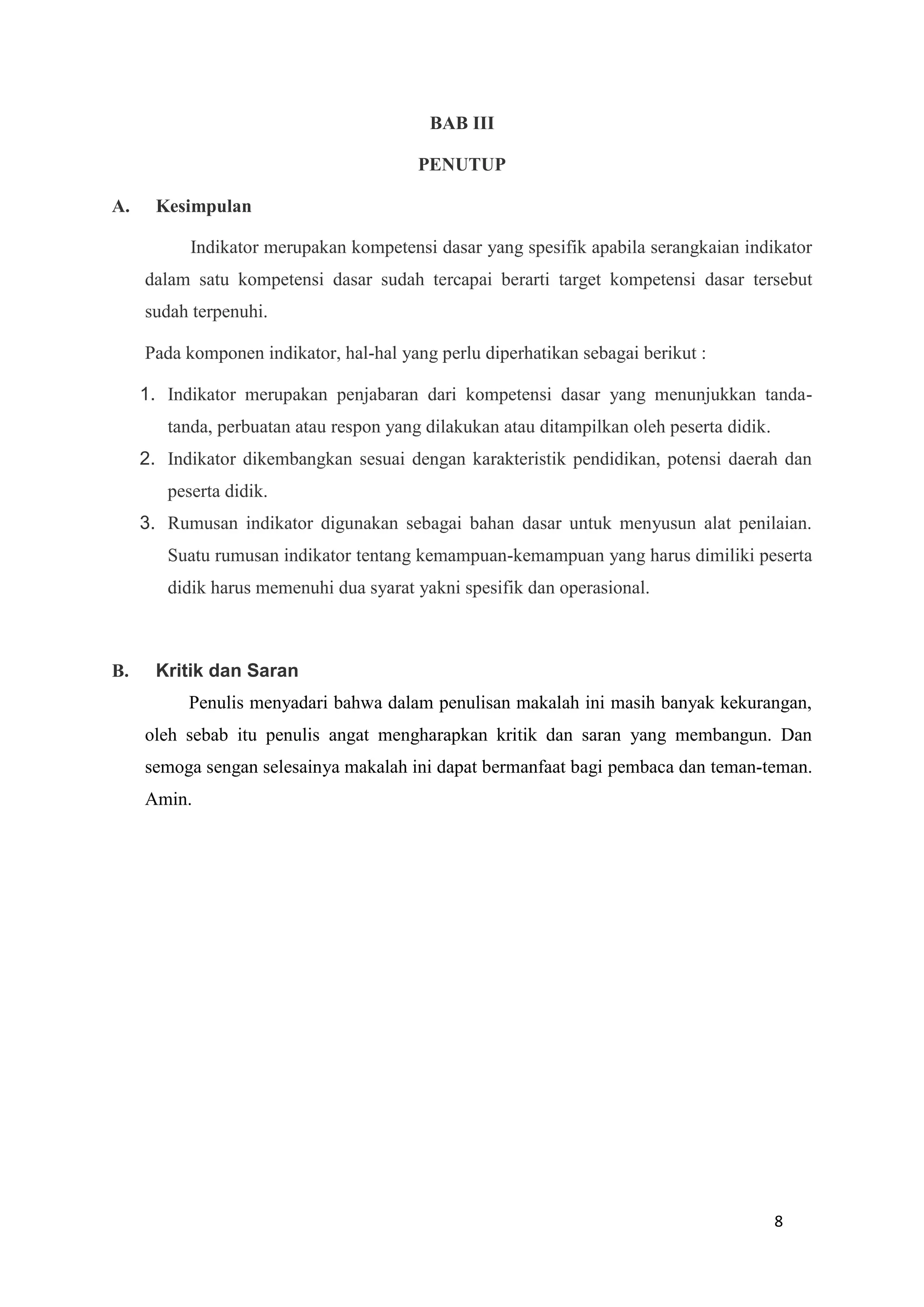 Rumusan dan pengembangan indikator | DOCX