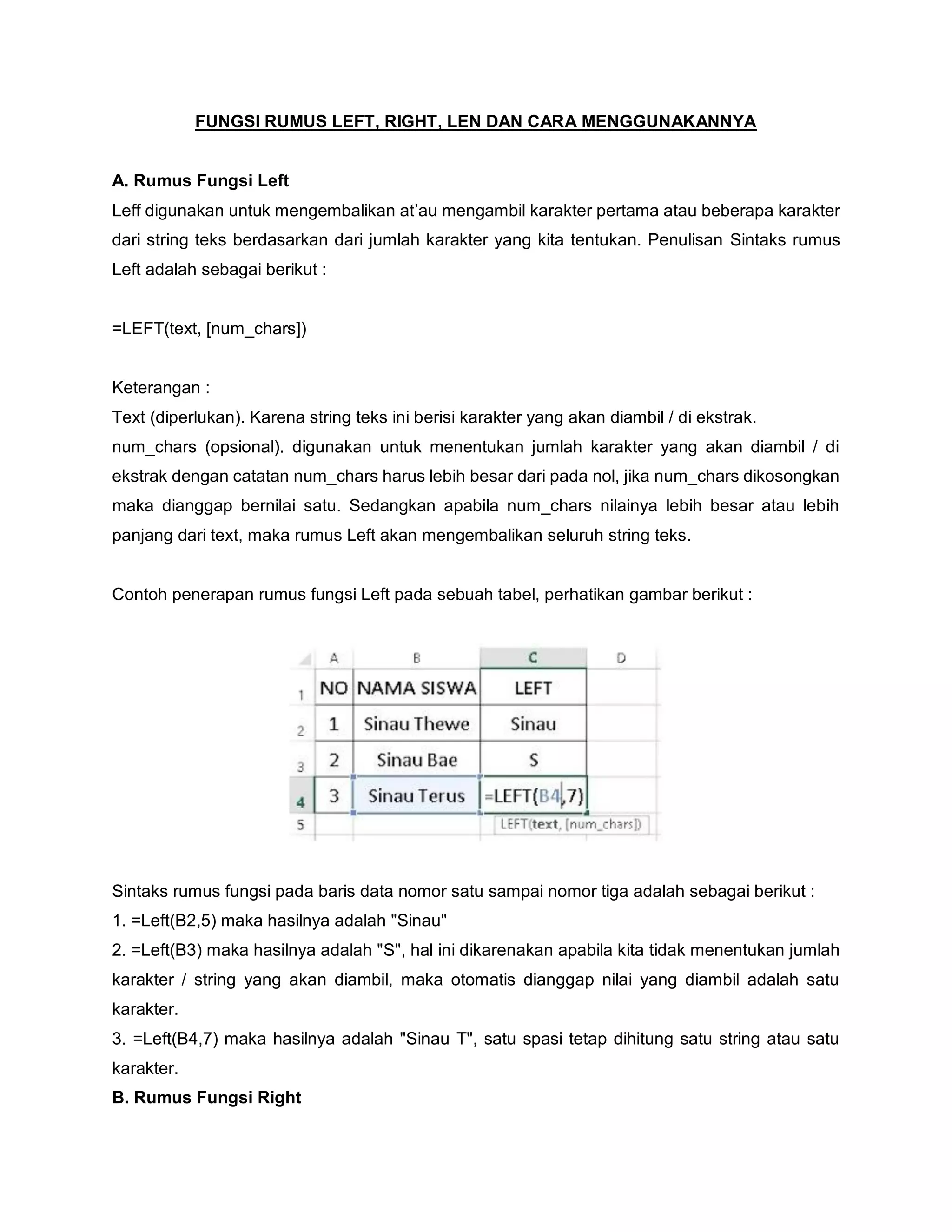 Rumus fungsi left, right, len dan cara menggunakannya di excel | PDF