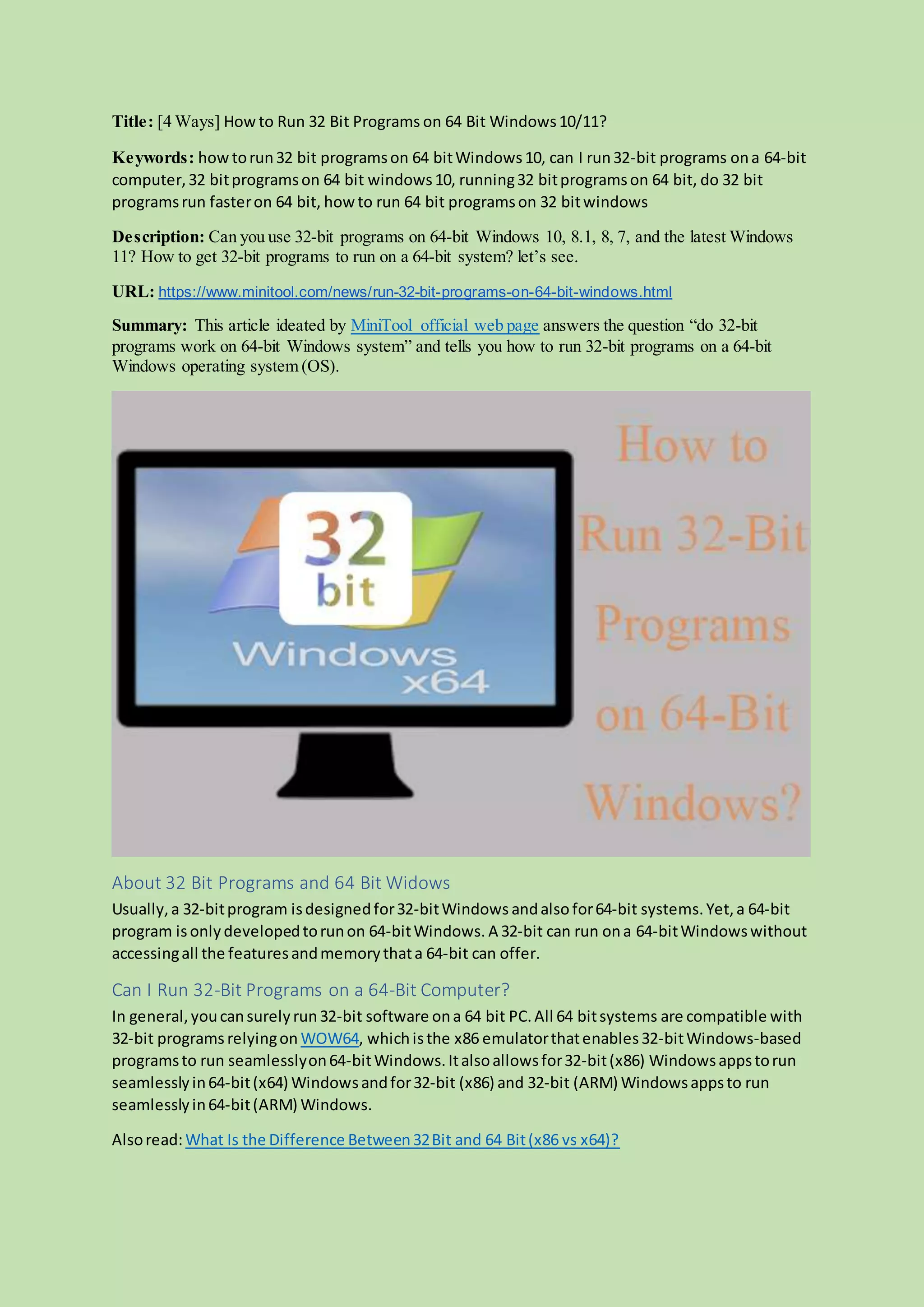 run 32 bit programs on 64 bit windows | PDF