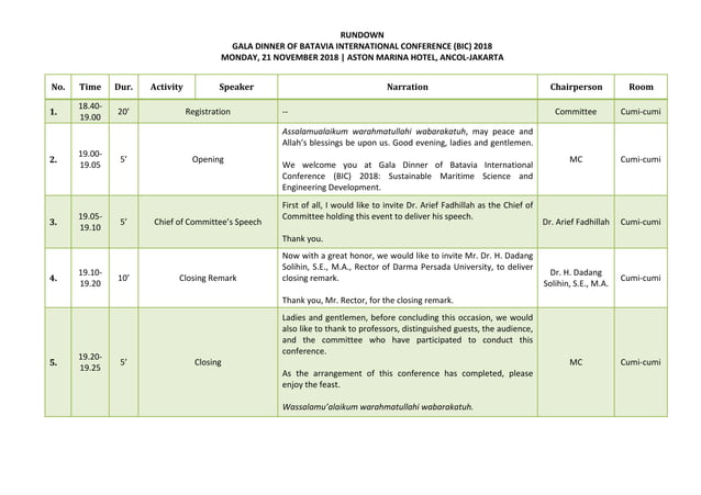 Rundown Gala Dinner of Batavia International Conference 2018 | PDF