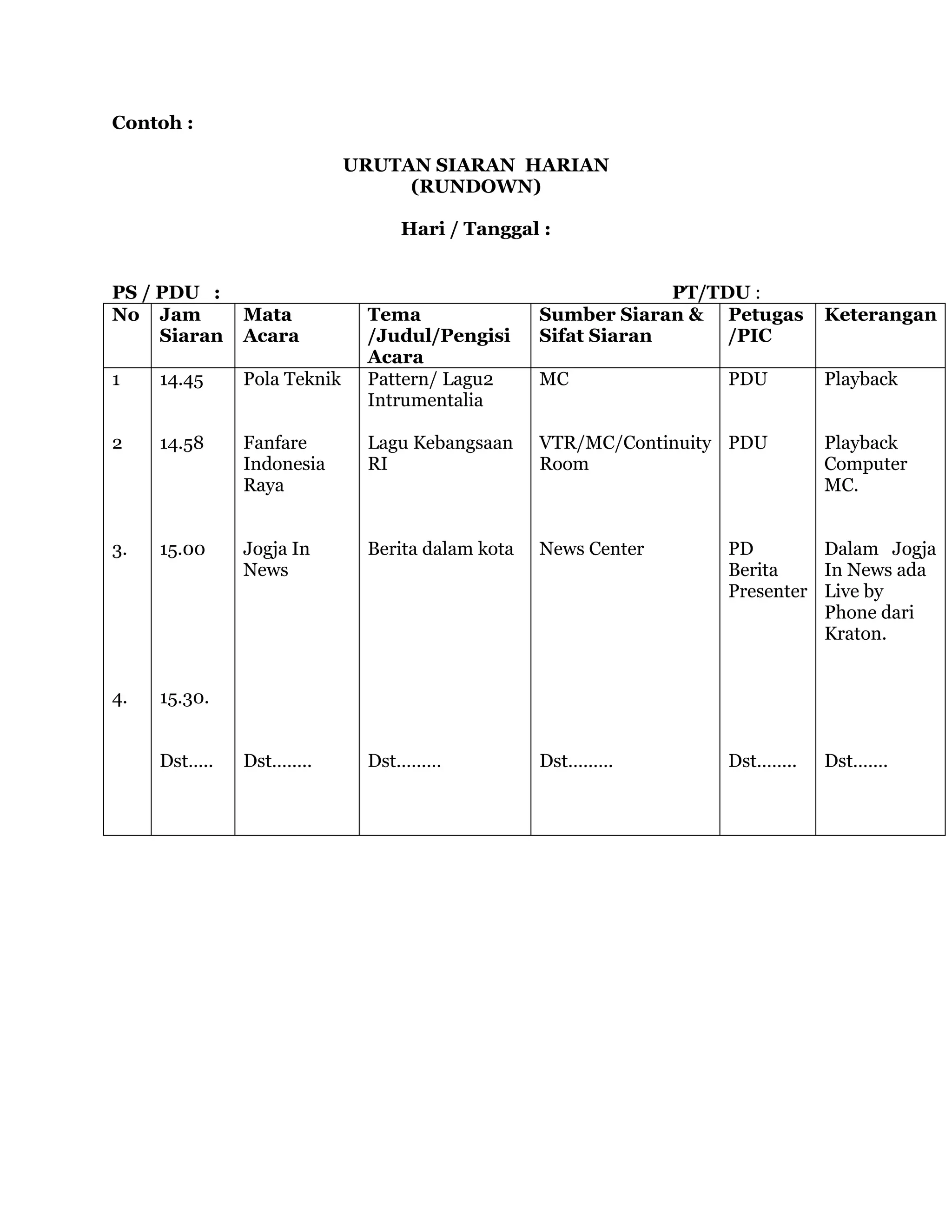 Rundown siaran harian | DOCX