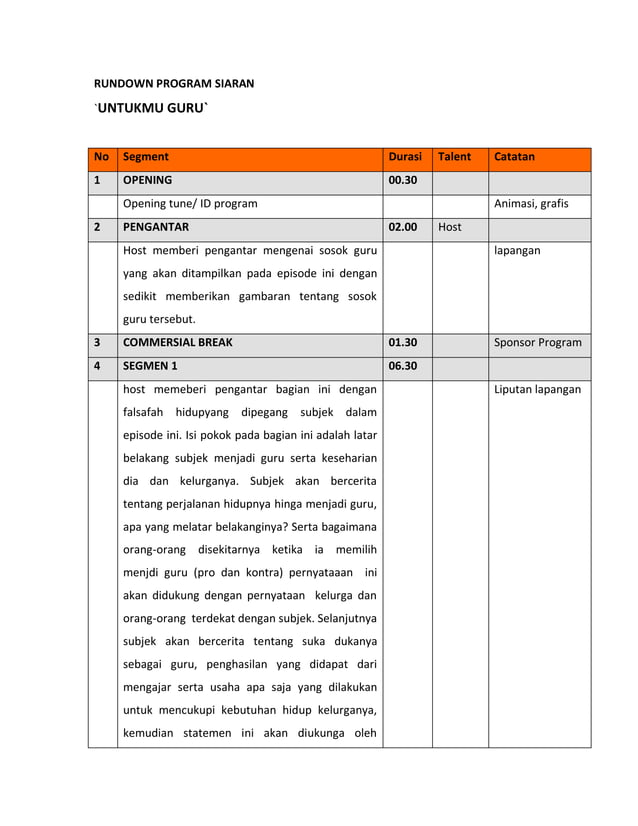 Contoh Rundown Program Non Drama "Untukmu Guru" | PDF