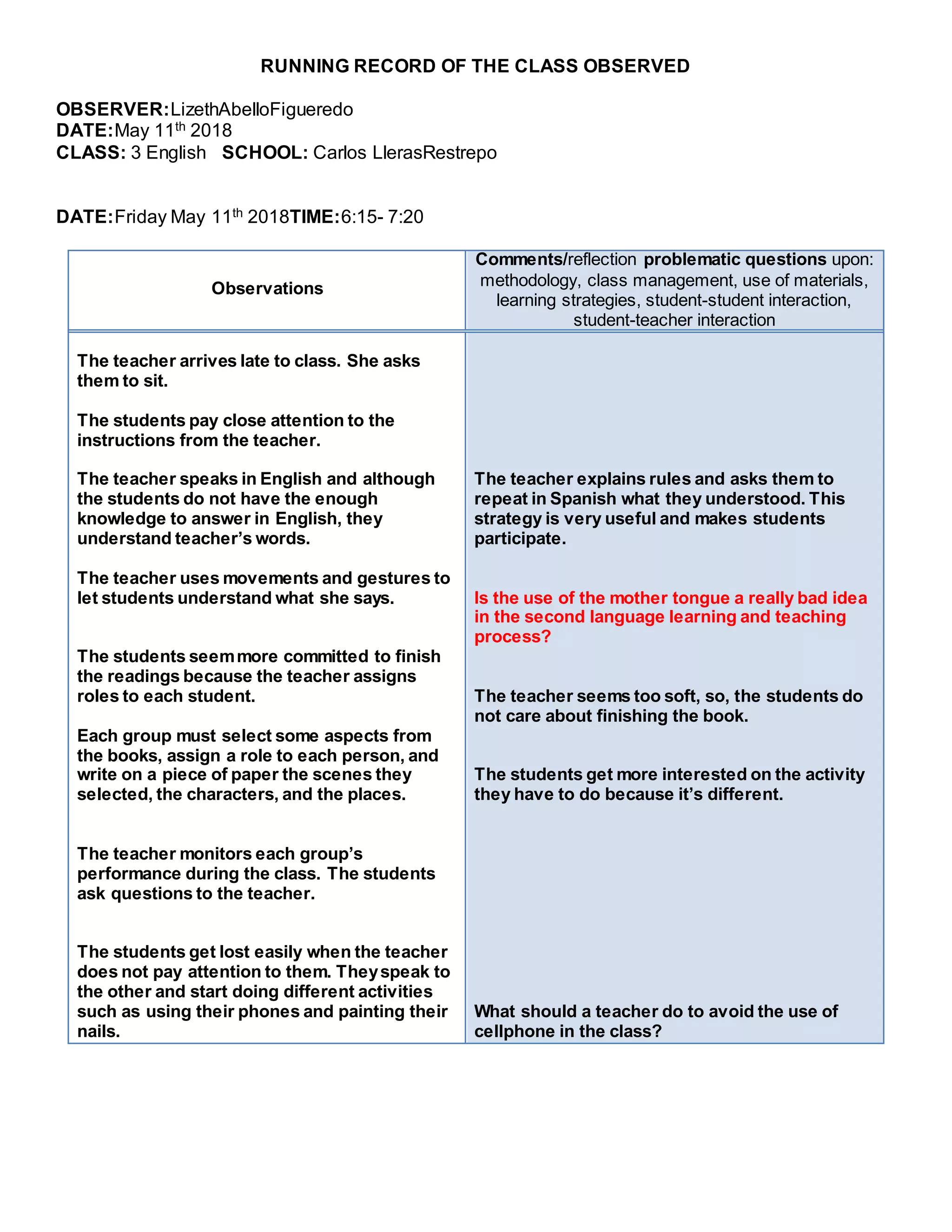 Running record-of-the-class-observed | PDF
