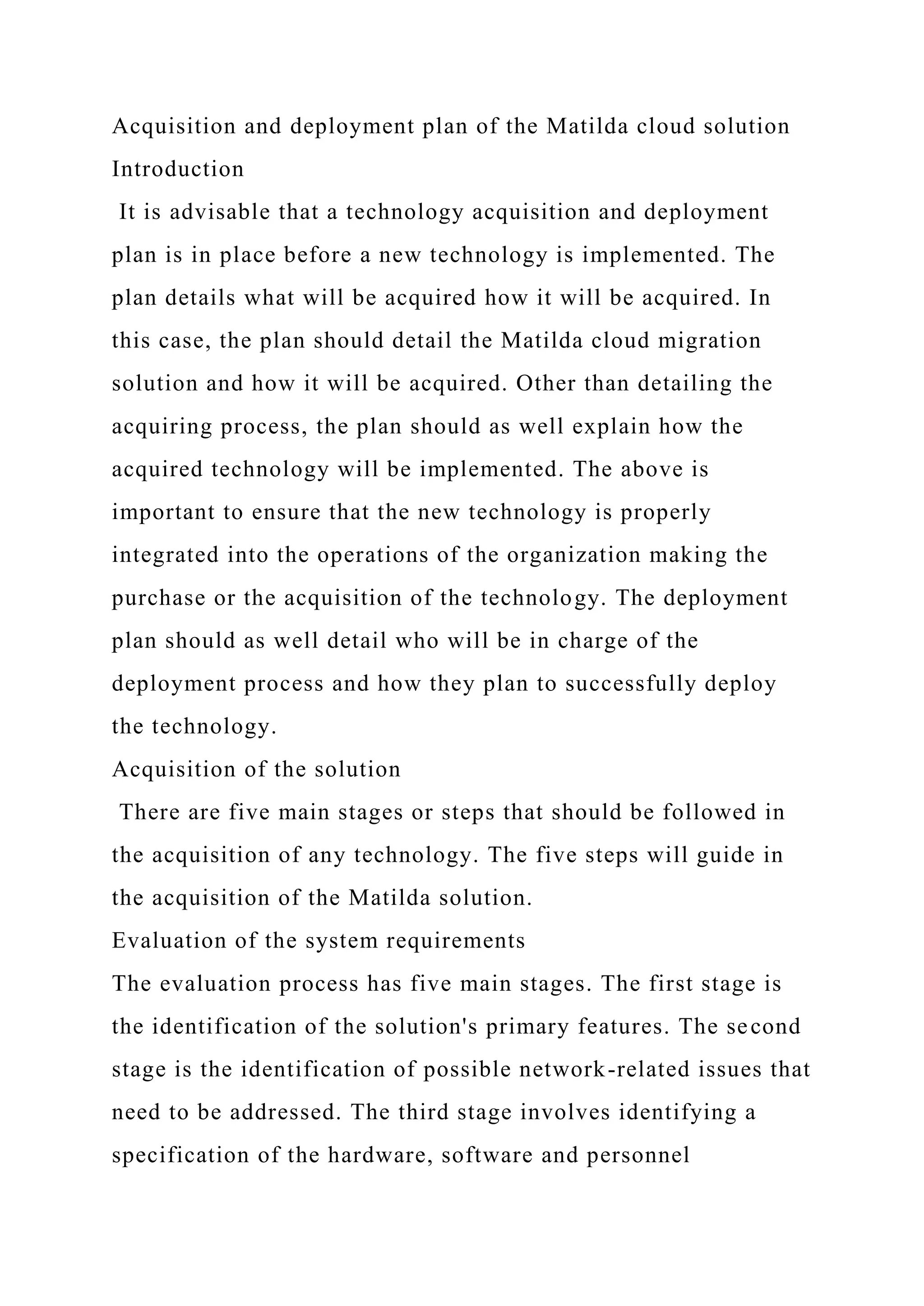 Running head ACQUISATION AND DEPLOYMENT PLAN OF THE MATILDA CLOUD.docx