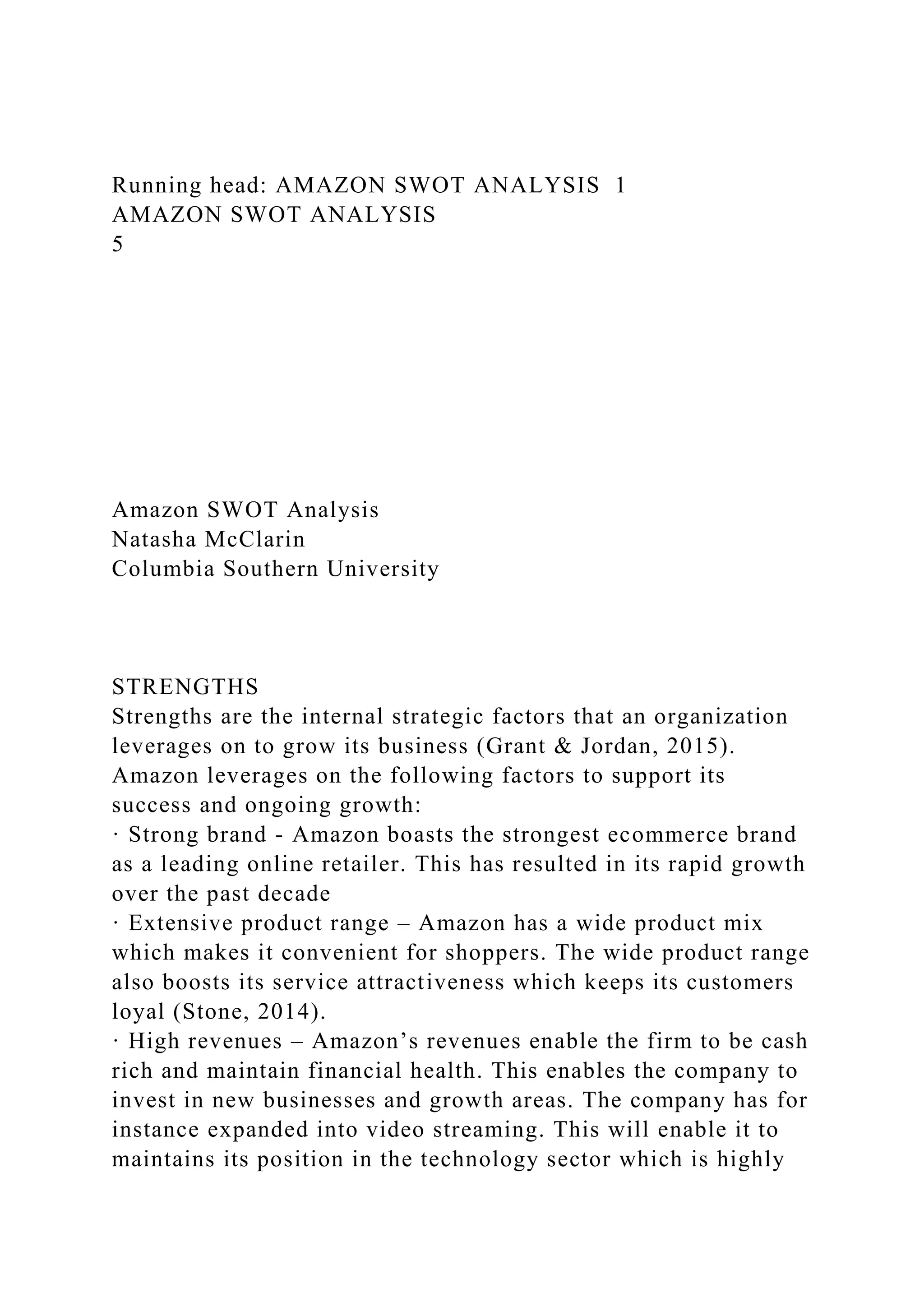 Running head AMAZON SWOT ANALYSIS 1AMAZON SWOT ANALYSIS .docx