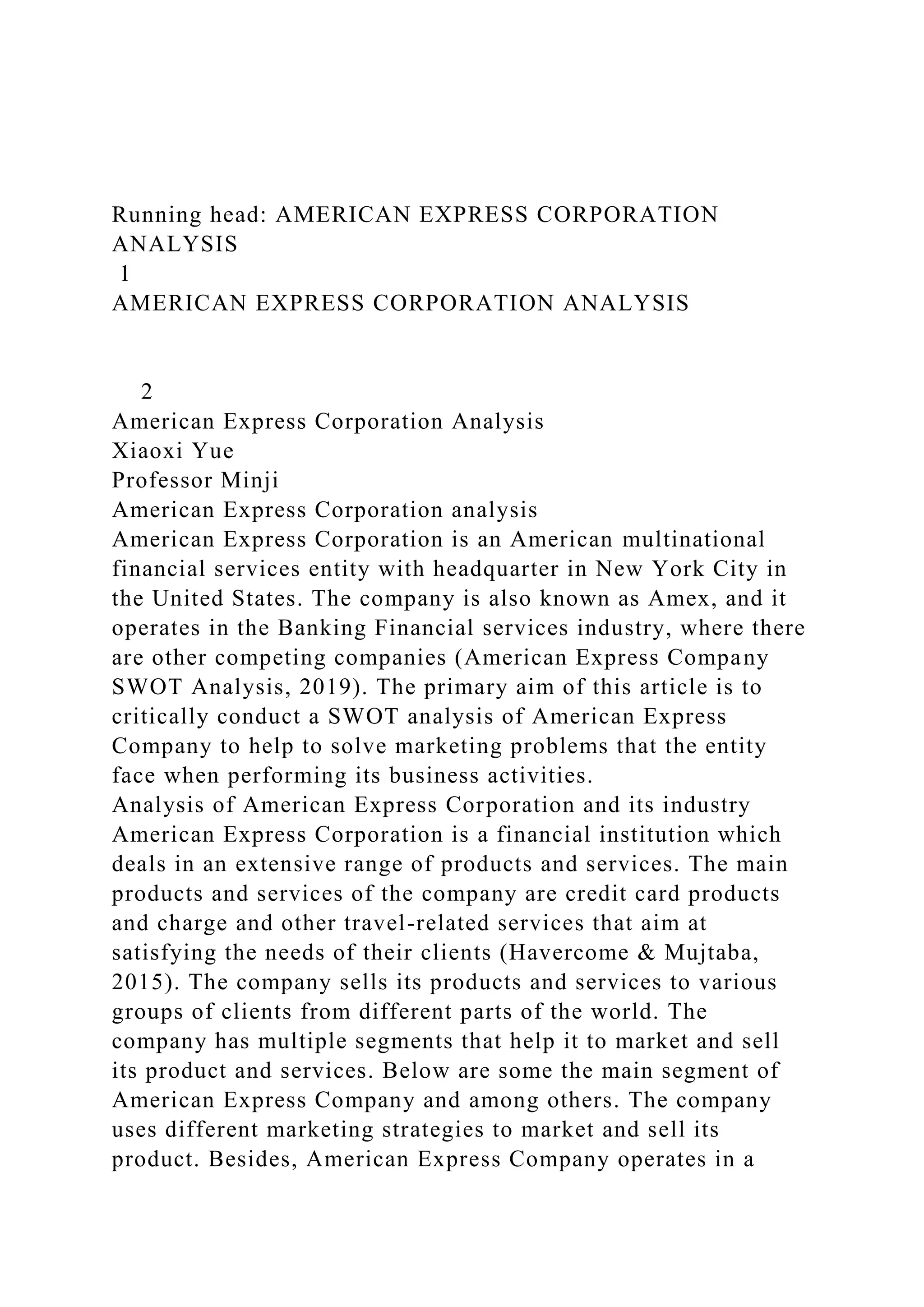 Running head AMERICAN EXPRESS CORPORATION ANALYSIS 1AMERICA.docx