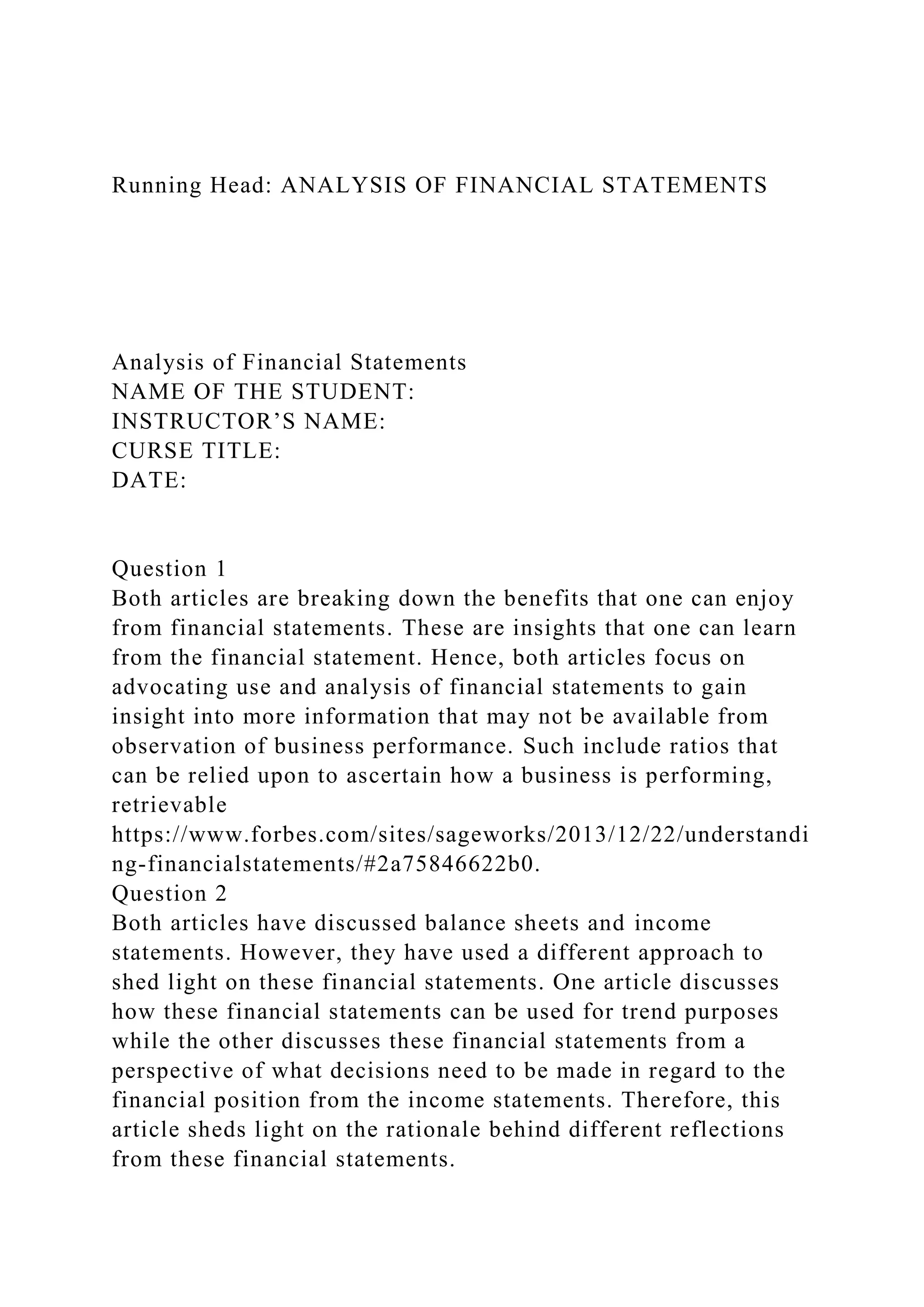 Running Head ANALYSIS OF FINANCIAL STATEMENTS Analysi.docx