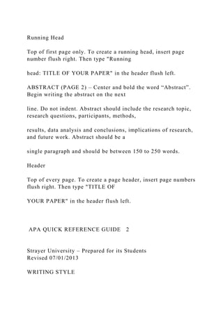 Running head APA QUICK REFERENCE GUIDE 1 STRAYER UNIVE.docx