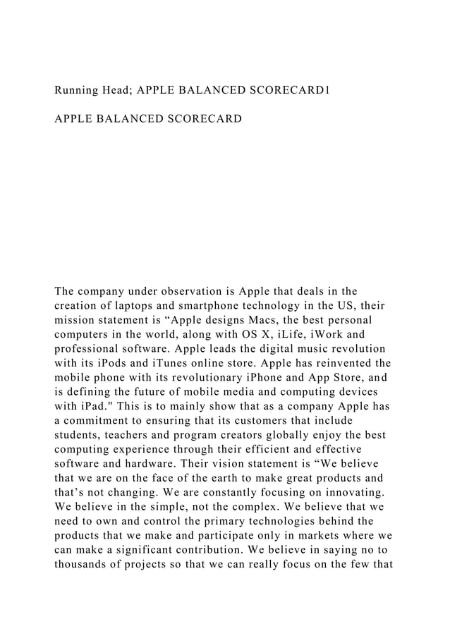 Running Head; APPLE BALANCED SCORECARD1APPLE BALANCED SCOREC.docx