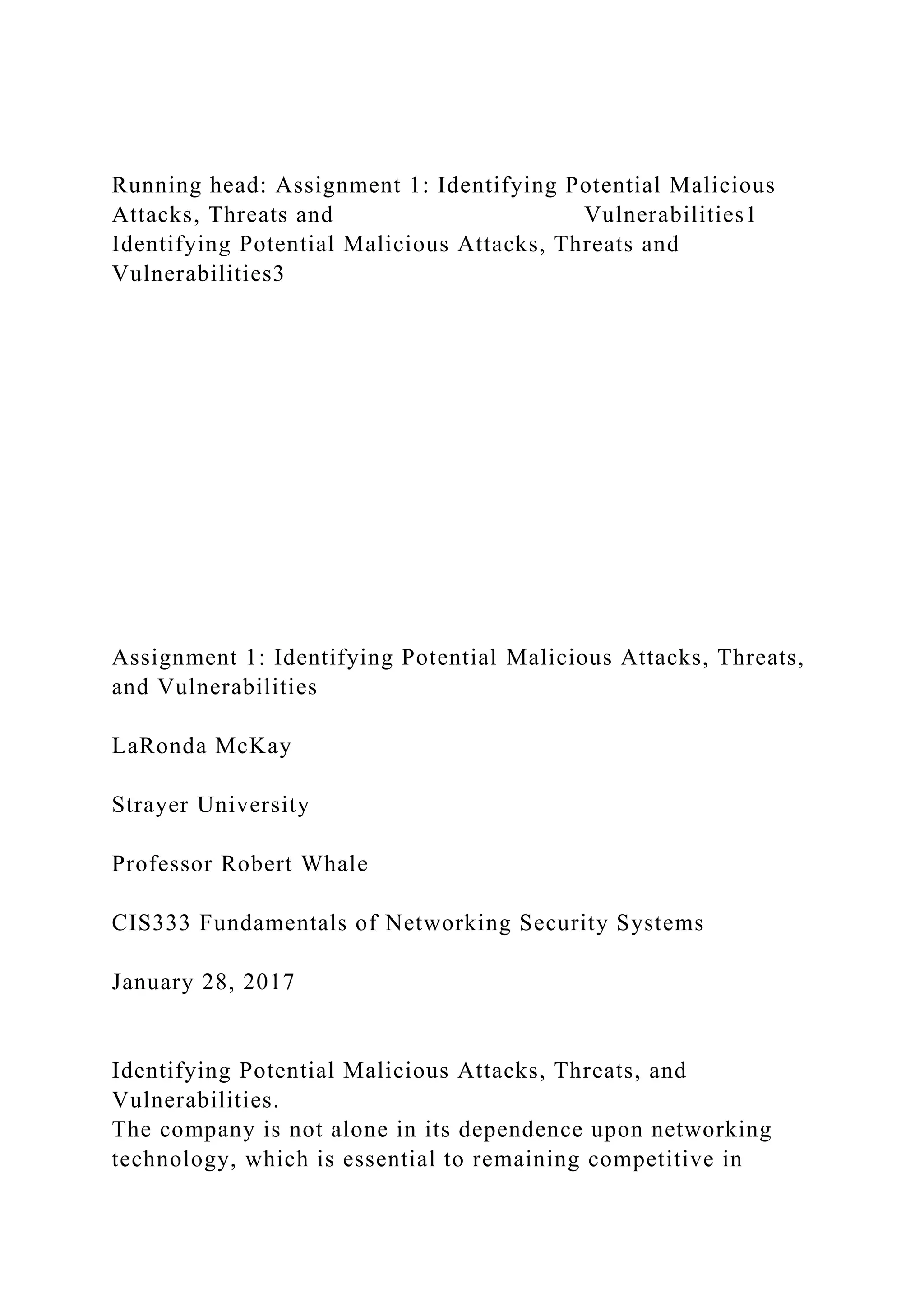 Running head Assignment 1 Identifying Potential Malicious Attack.docx