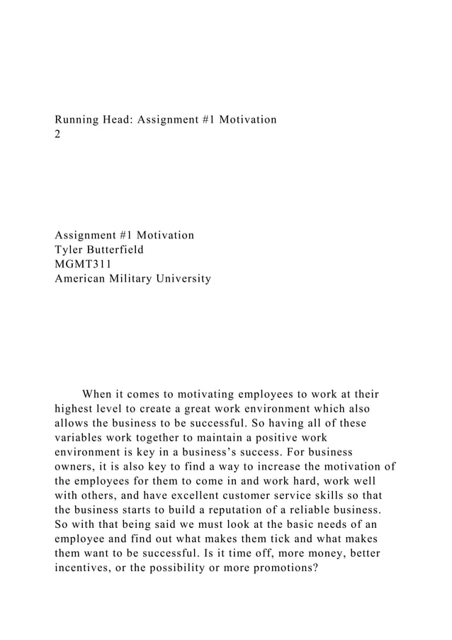 Running Head Assignment #1 Motivation .docx