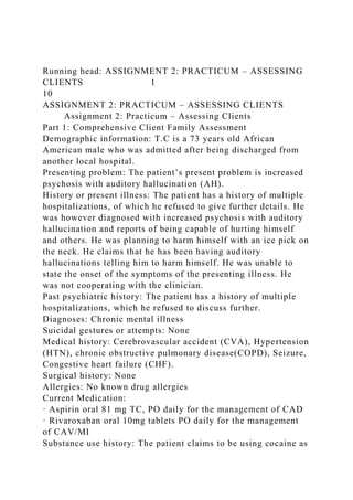 Running head ASSIGNMENT 2 PRACTICUM – ASSESSING CLIENTS .docx