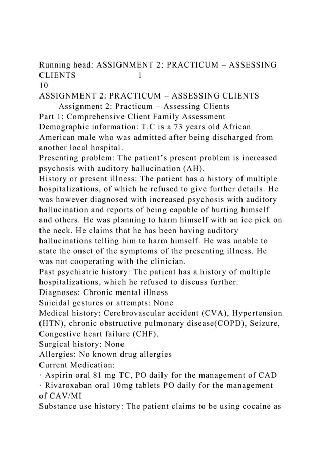 Running head ASSIGNMENT 2 PRACTICUM – ASSESSING CLIENTS .docx