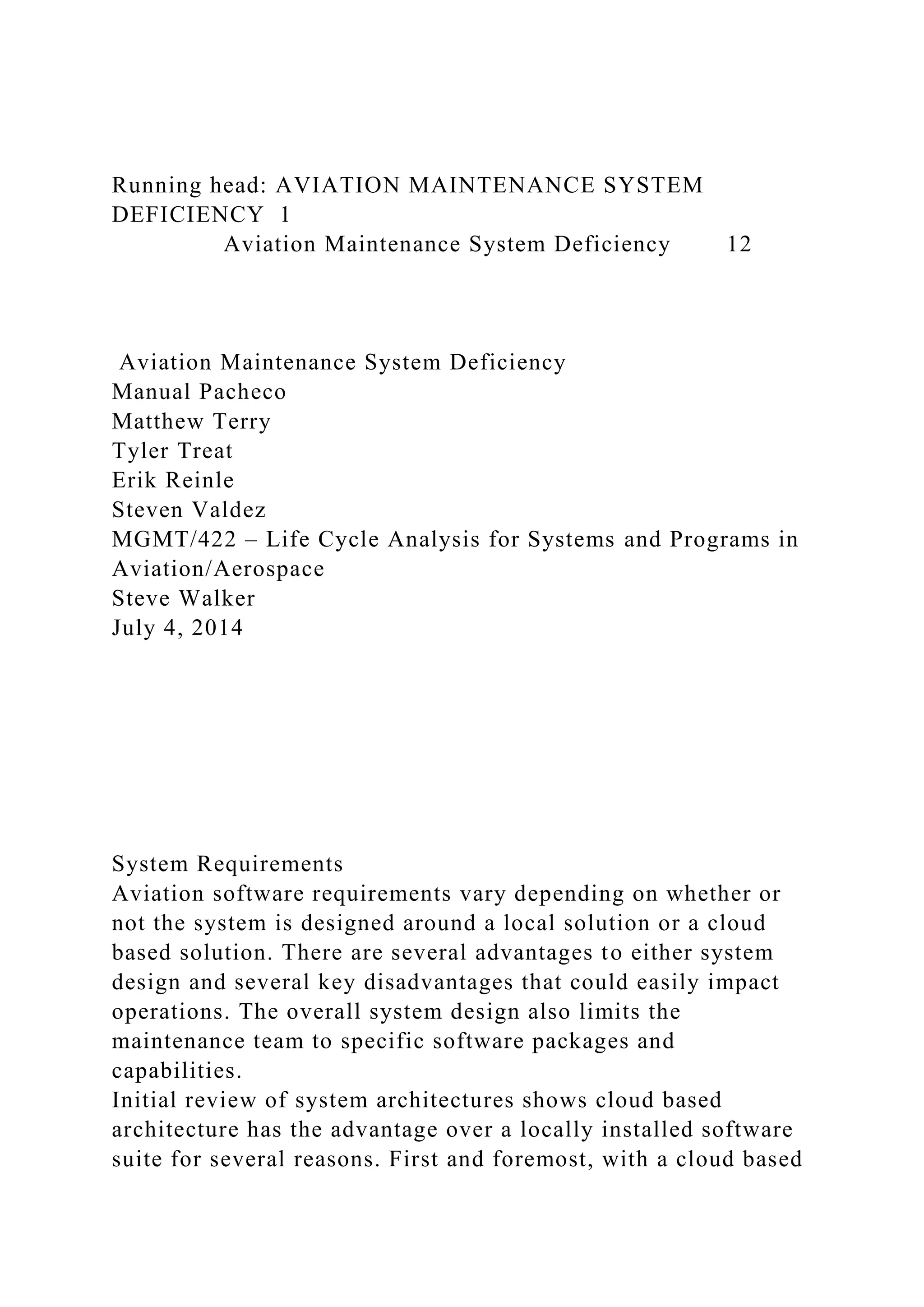 Running head AVIATION MAINTENANCE SYSTEM DEFICIENCY1Aviation.docx