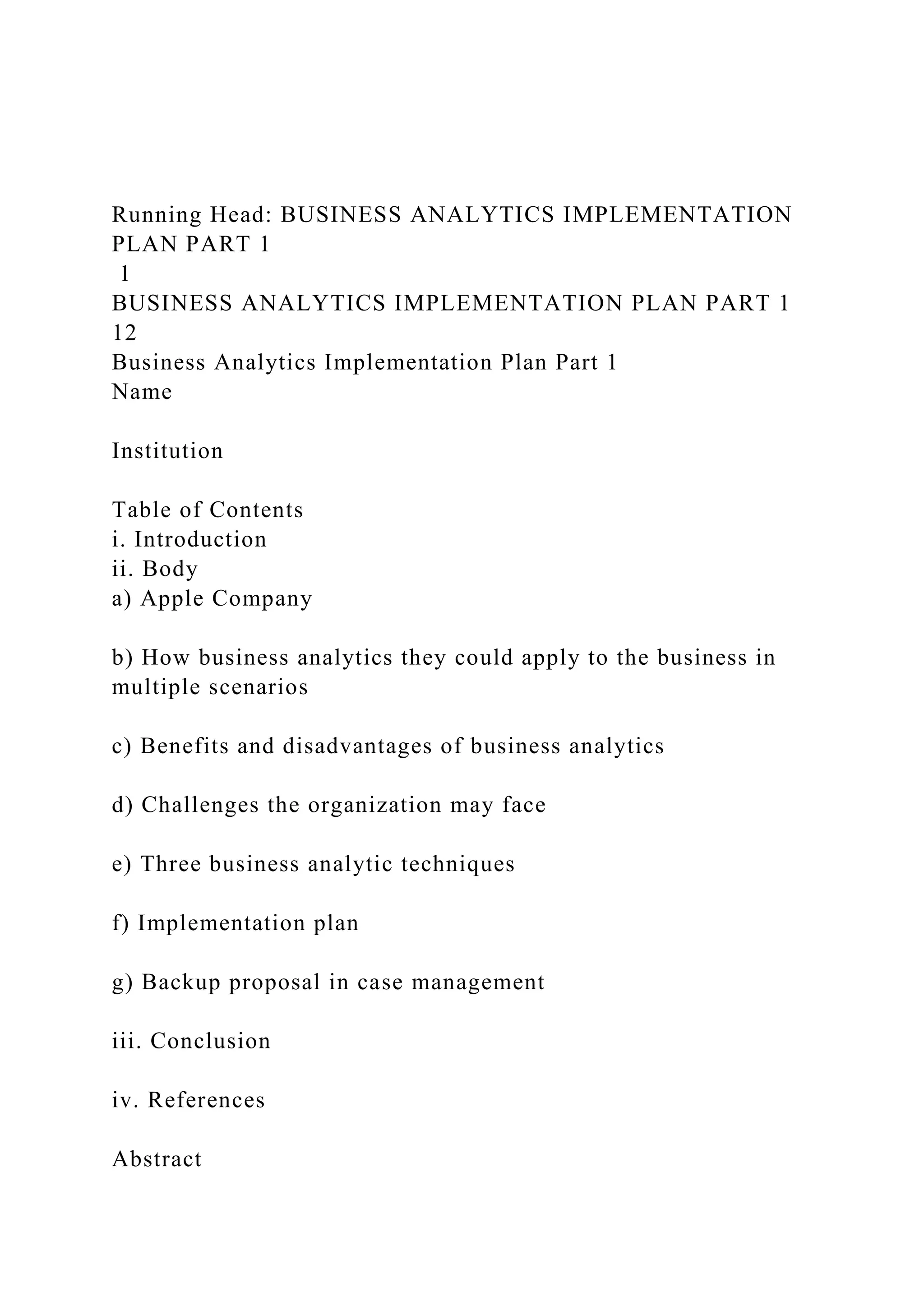 Running Head BUSINESS ANALYTICS IMPLEMENTATION PLAN PART 1 1.docx