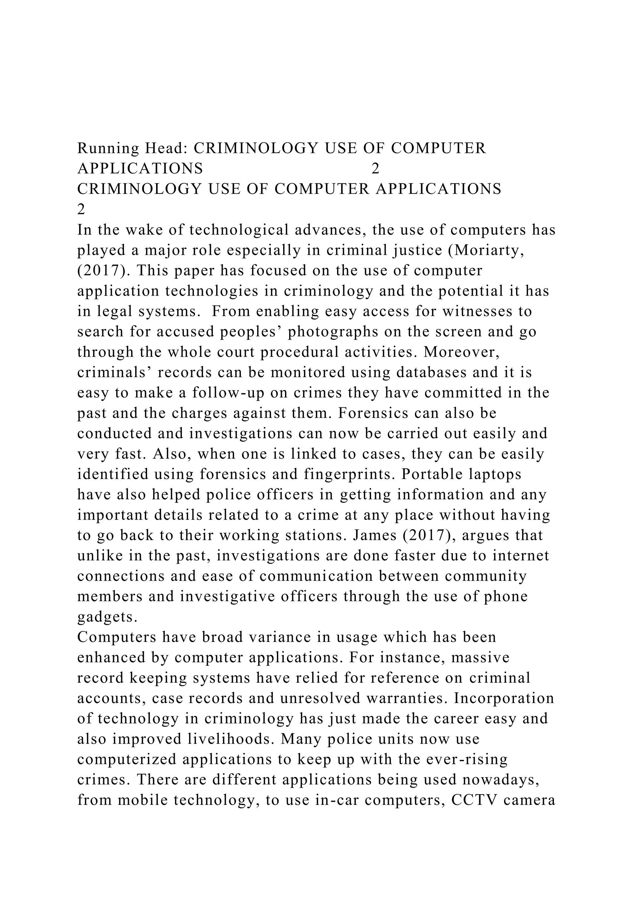 Running Head CRIMINOLOGY USE OF COMPUTER APPLICATIONS .docx