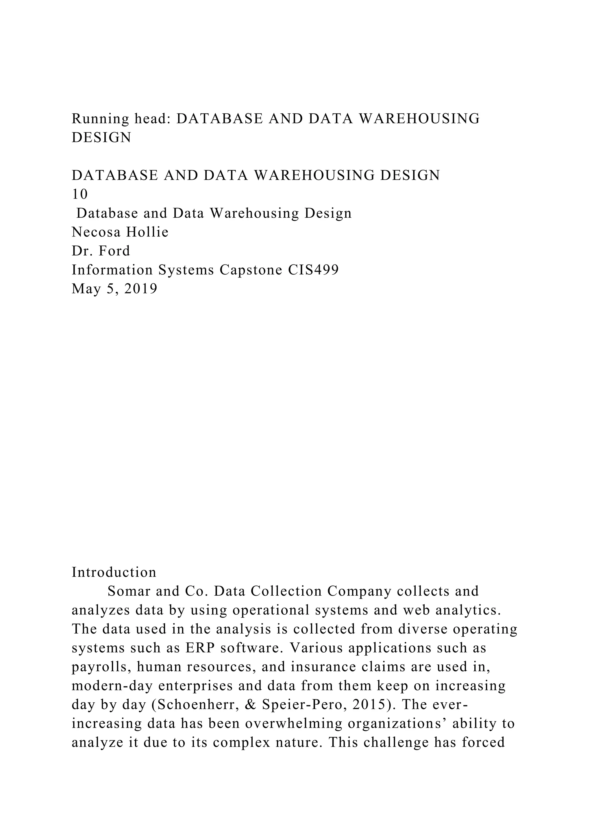 Running head DATABASE AND DATA WAREHOUSING DESIGNDATABASE AND.docx