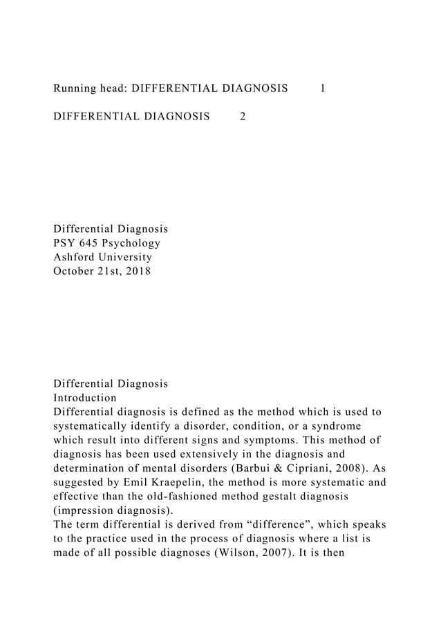 Running head DIFFERENTIAL DIAGNOSIS1DIFFERENTIAL DIAGNOSIS.docx