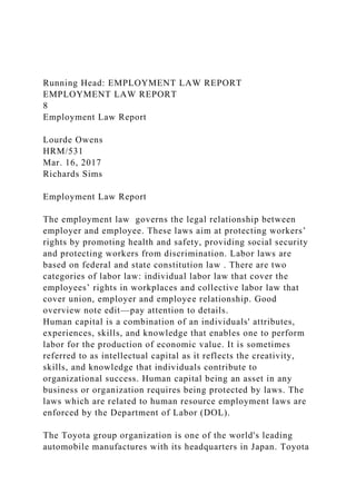 Running Head EMPLOYMENT LAW REPORT .docx