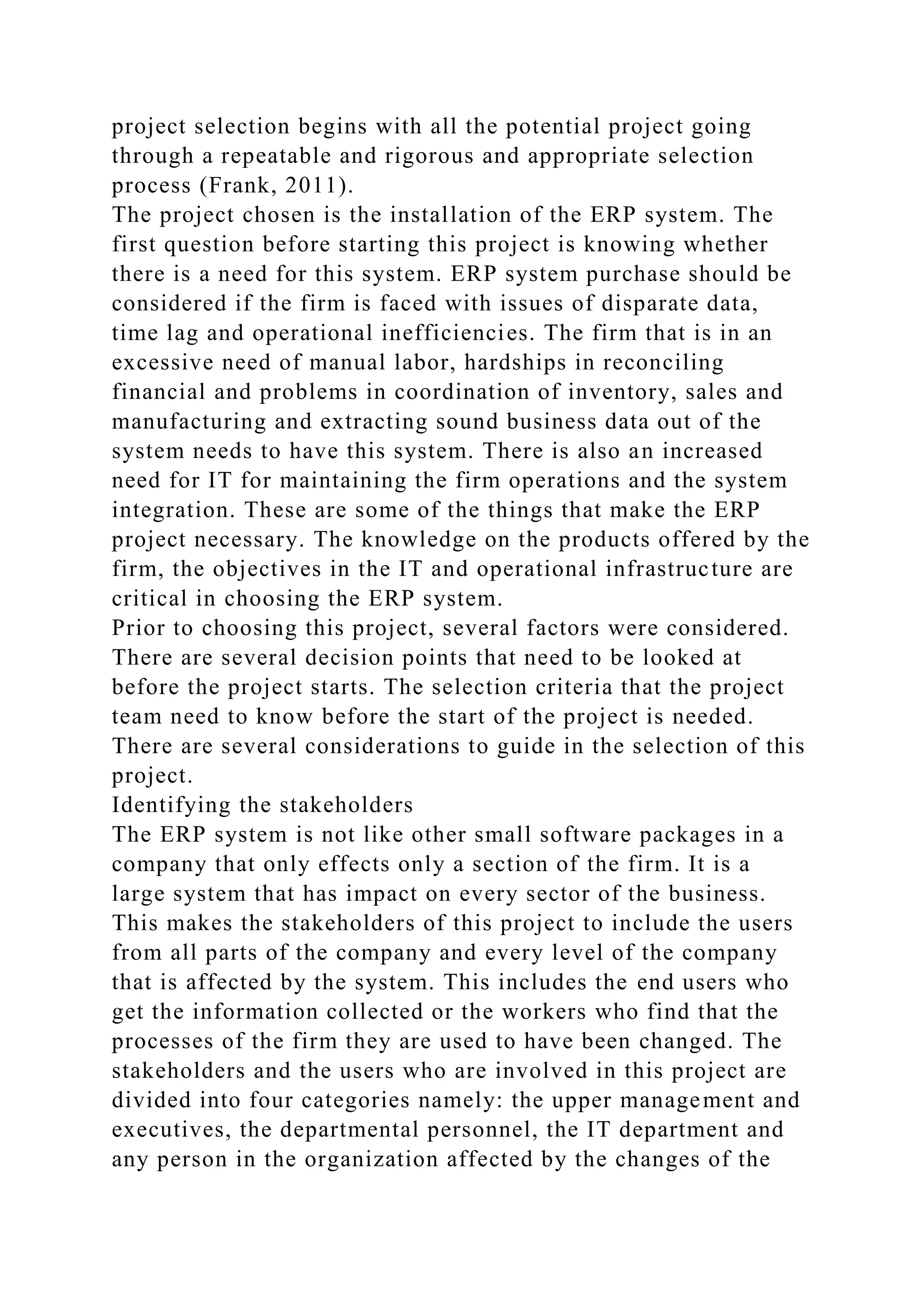 RUNNING HEAD ERP SYSTEM IMPLIMENTATION PROJECT .docx