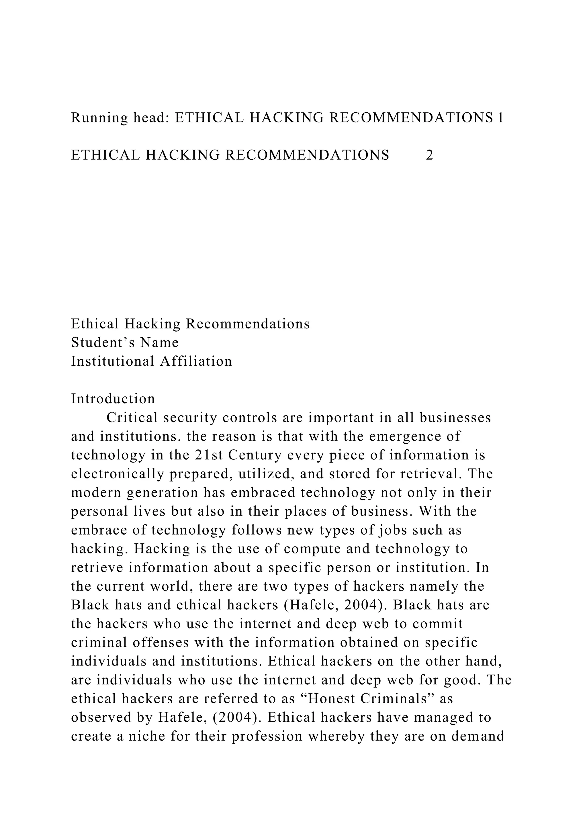 Running head ETHICAL HACKING RECOMMENDATIONS1ETHICAL HACKING.docx