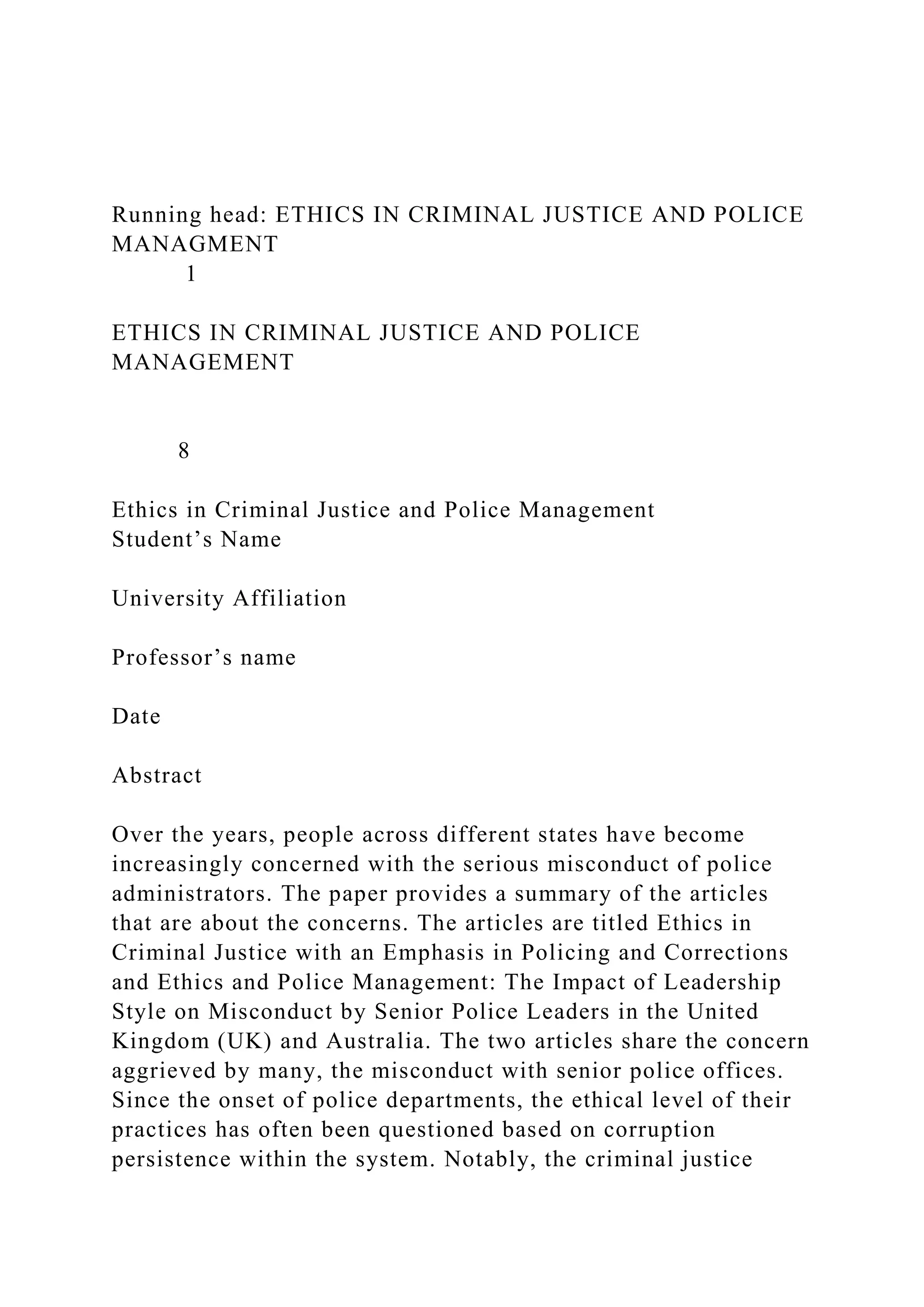 Running head ETHICS IN CRIMINAL JUSTICE AND POLICE MANAGMENT .docx
