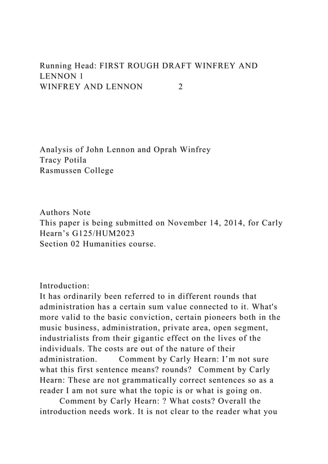 Running Head FIRST ROUGH DRAFT WINFREY AND LENNON1WINFREY AND .docx