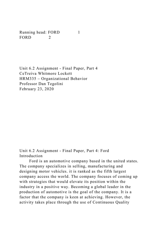 Running head FORD 1FORD 2Unit 6.2 Assignment - .docx