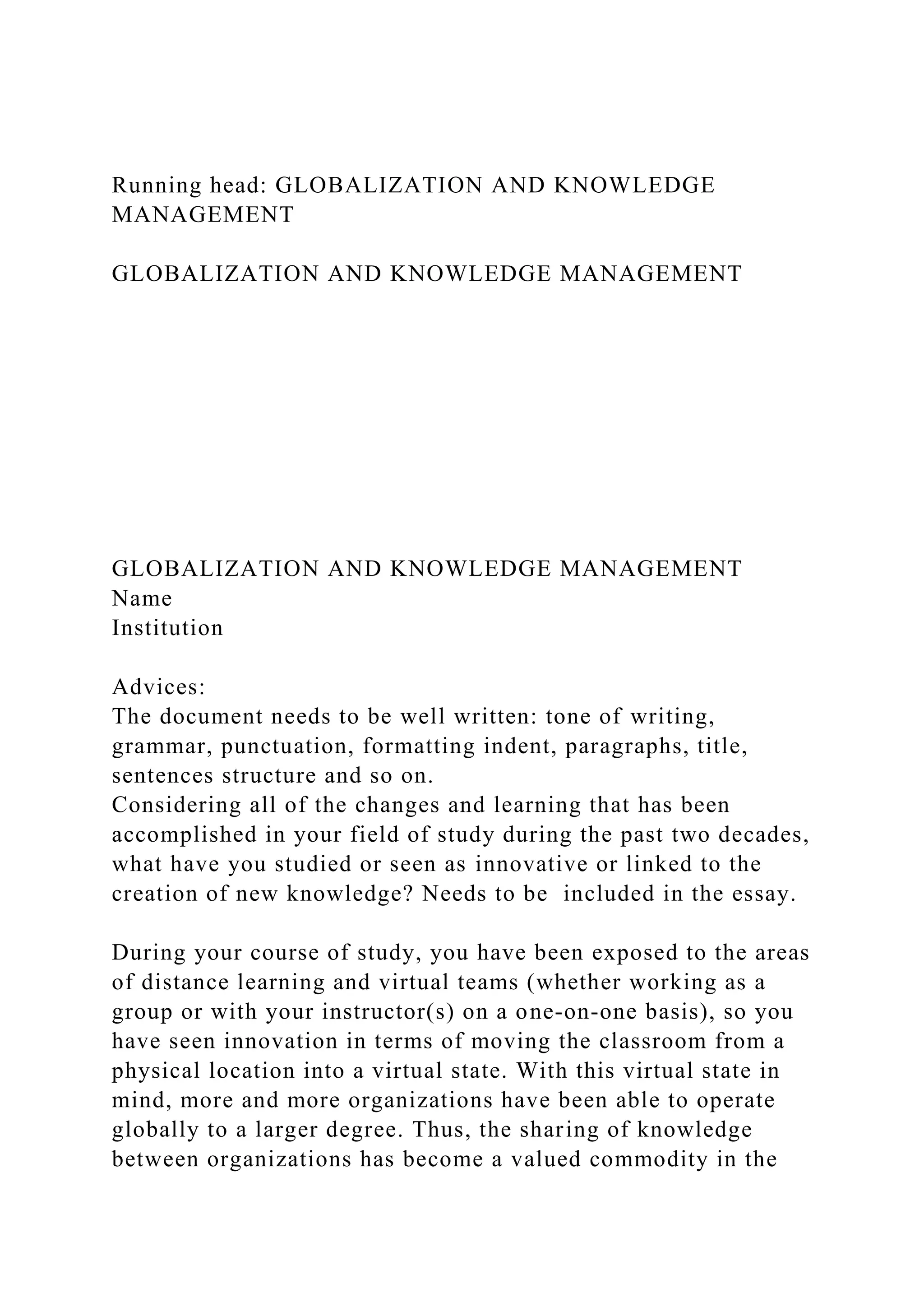 Running head GLOBALIZATION AND KNOWLEDGE MANAGEMENT .docx