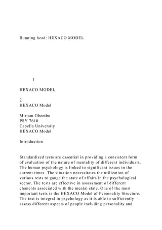 Running head HEXACO MODEL 1HEXACO .docx