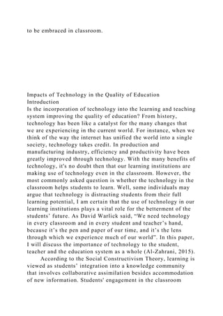 Running Head IMPACTS OF TECHNOLOGY IN THE QUALITY OF EDUCATION 1.docx
