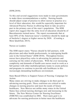 Running head IMPLEMENTATION OF THE IOM FUTURE OF NURSING REPORT .docx