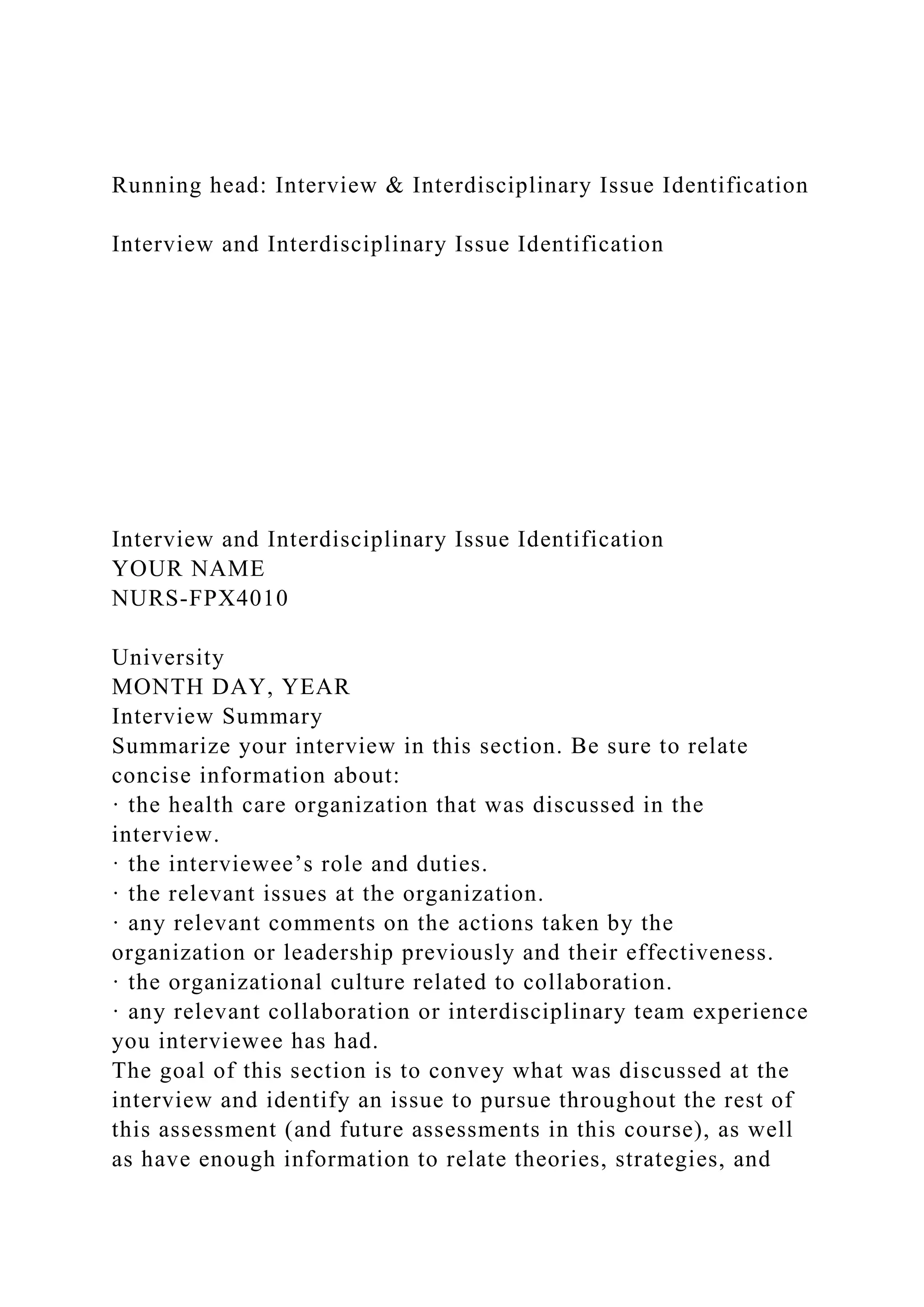 Running head Interview & Interdisciplinary Issue Identification.docx