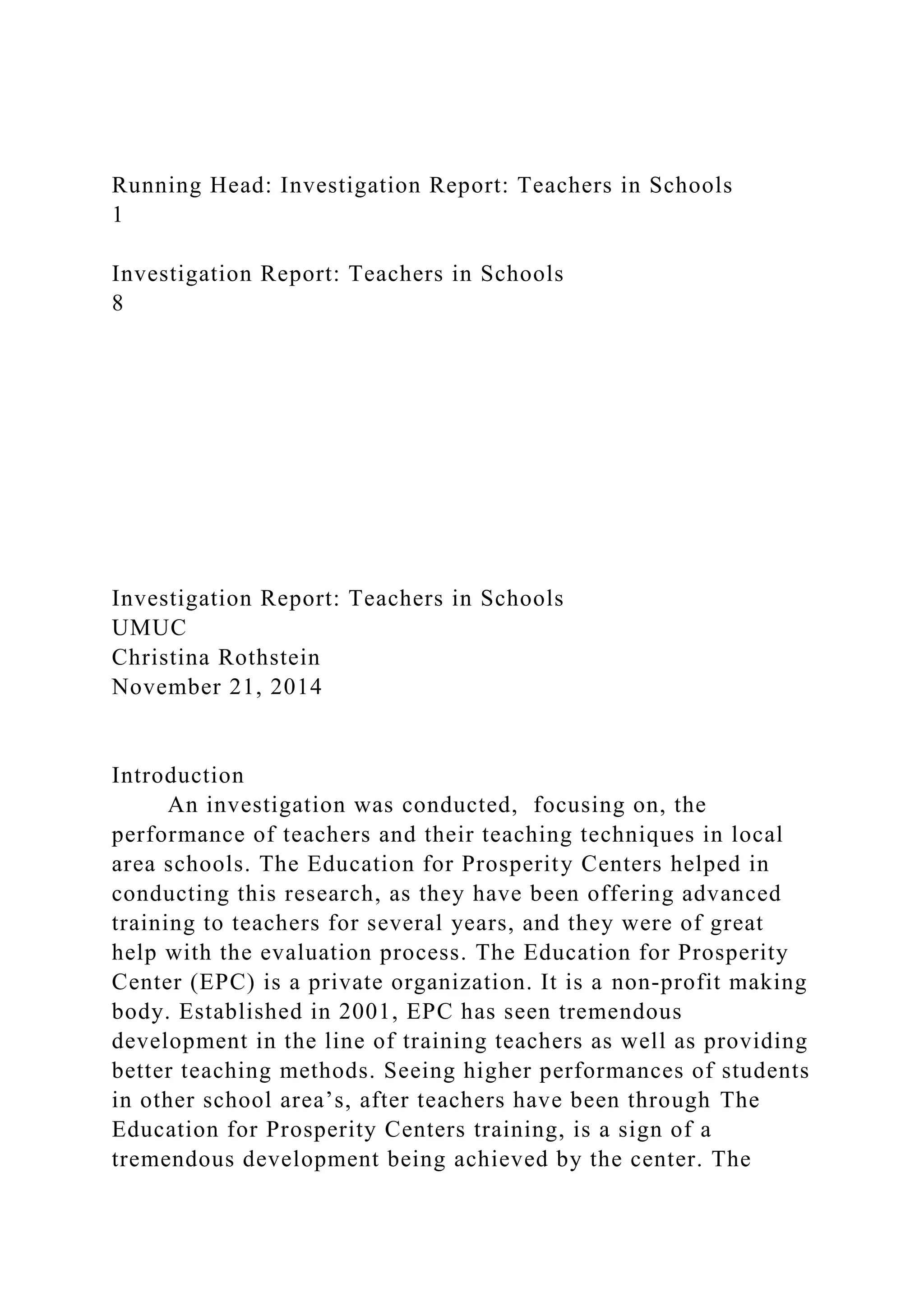 Running Head Investigation Report Teachers in Schools .docx